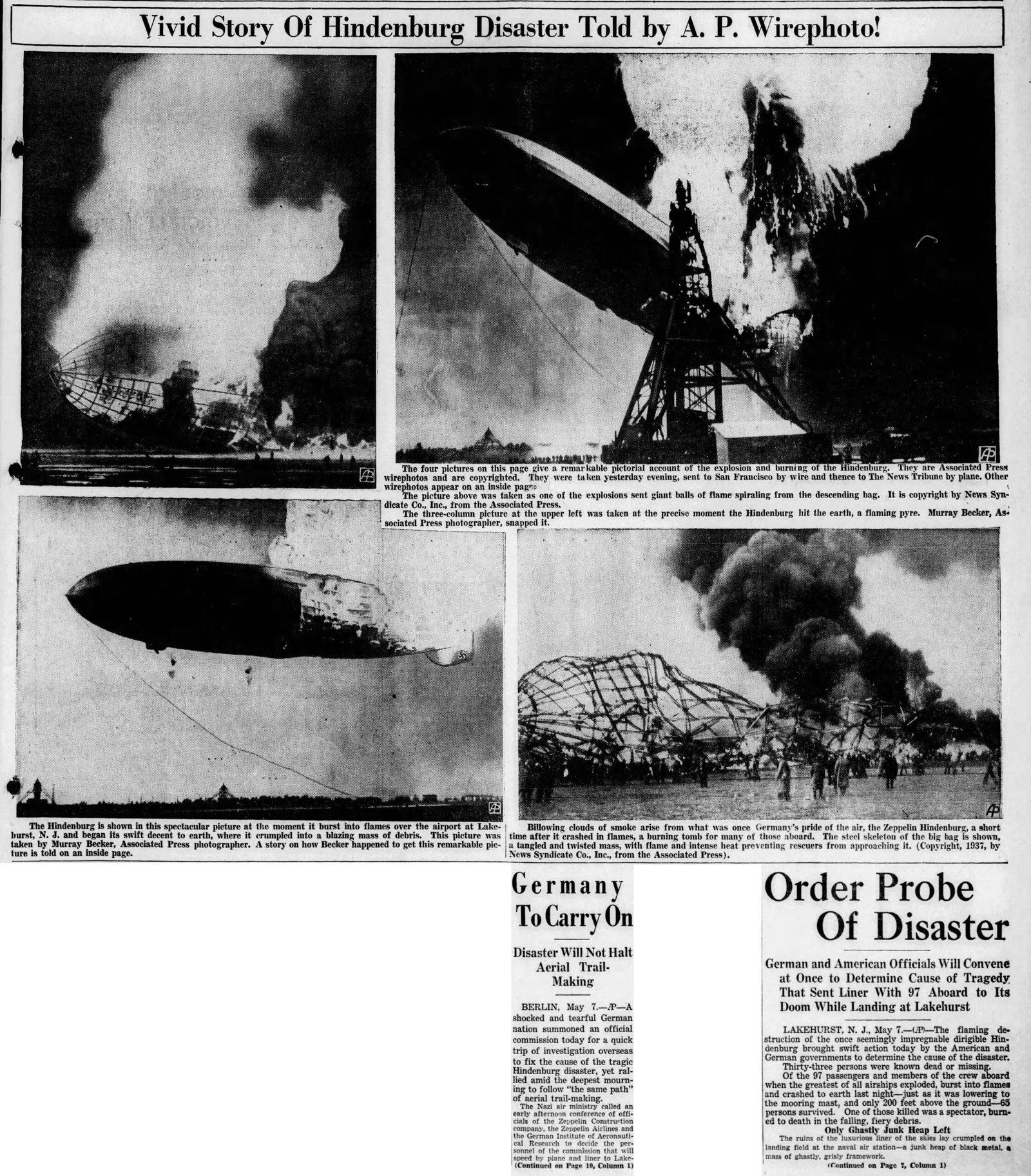 Hindenburg Disaster Newspaper Article