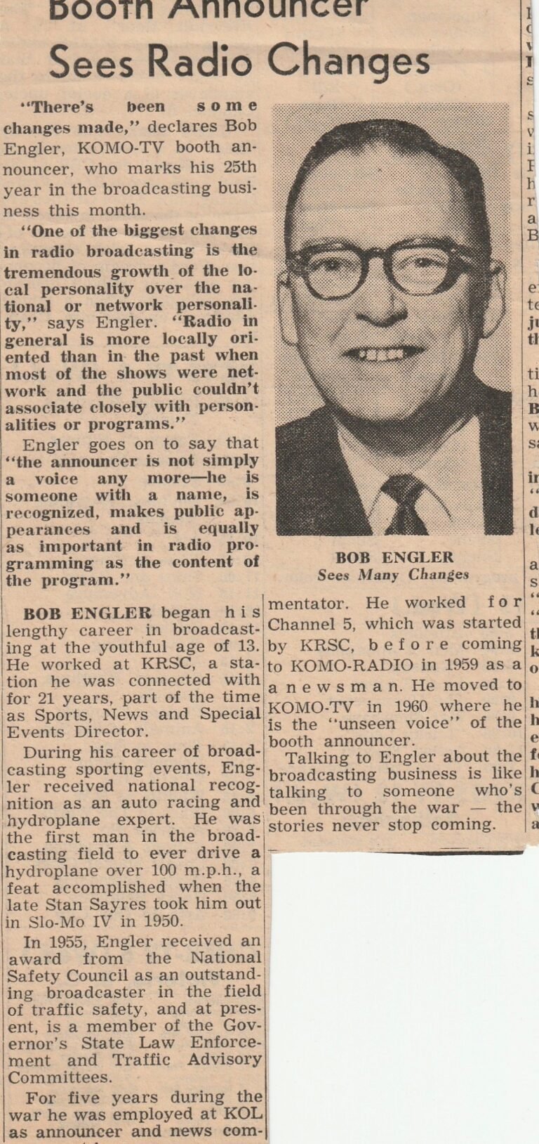 Bob Engler, KOMO 4 booth announcer, hydro sportscaster, radio executive ...